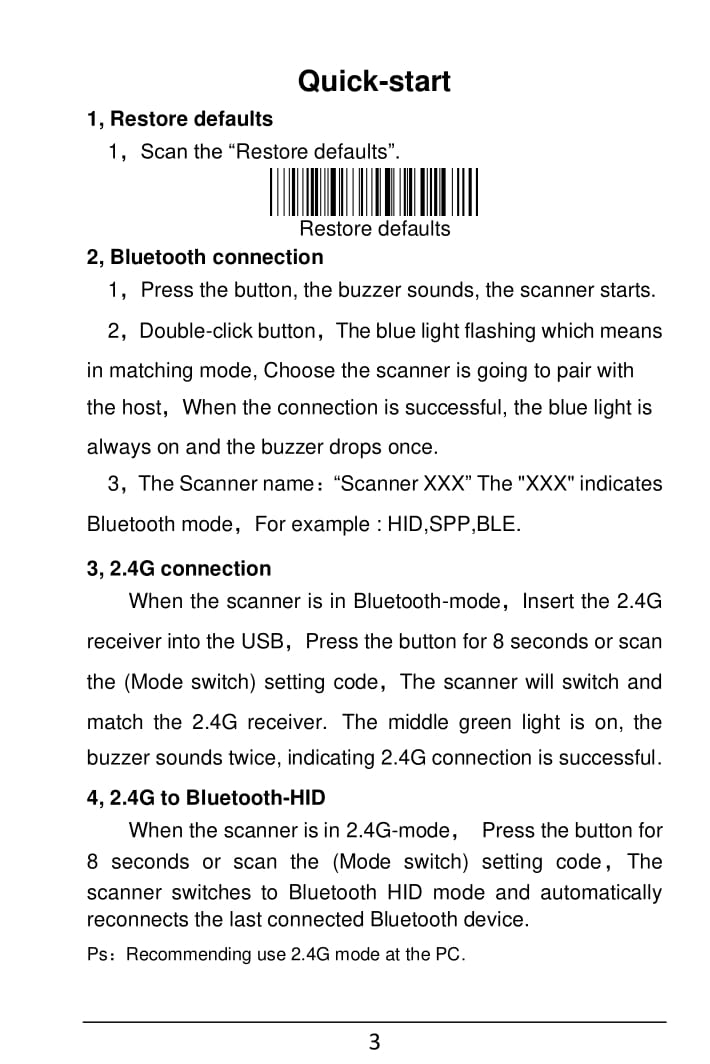 Wireless Bluetooth Scanner Manual for reset, pairing, battery level ...